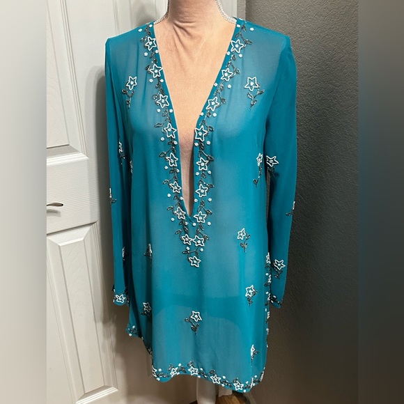 Spiegel | Tops | Spiegel Blue Shear Blouse Beaded Tunic Asymmetrical ...